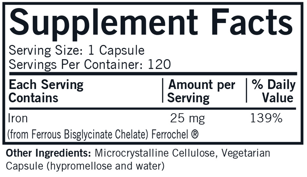 Kirkman Iron Ferrochel 25 mg 120 capsules | VitaLiving